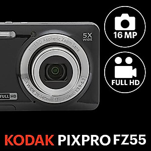 KODAK PIXPRO Friendly Zoom FZ55-BK 16MP Digital Camera with 5X Optical Zoom 28mm Wide Angle and 2.7" LCD Screen (Black)