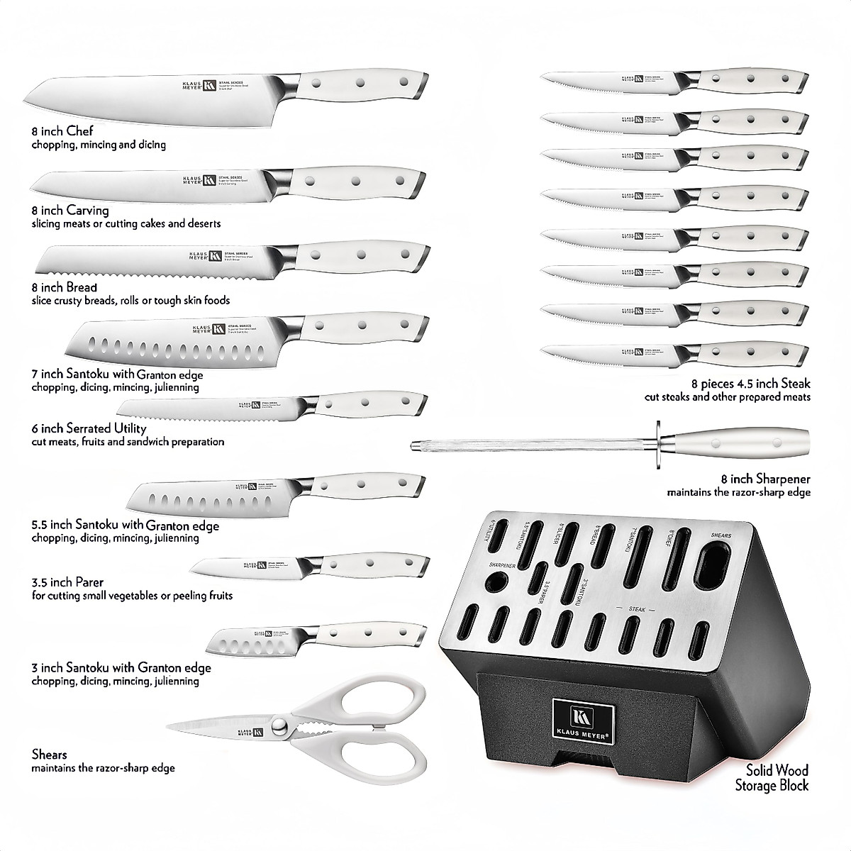 Klaus Meyer Stahl 19 Piece High Carbon Exclusive German Steel Knife Block Set (White)