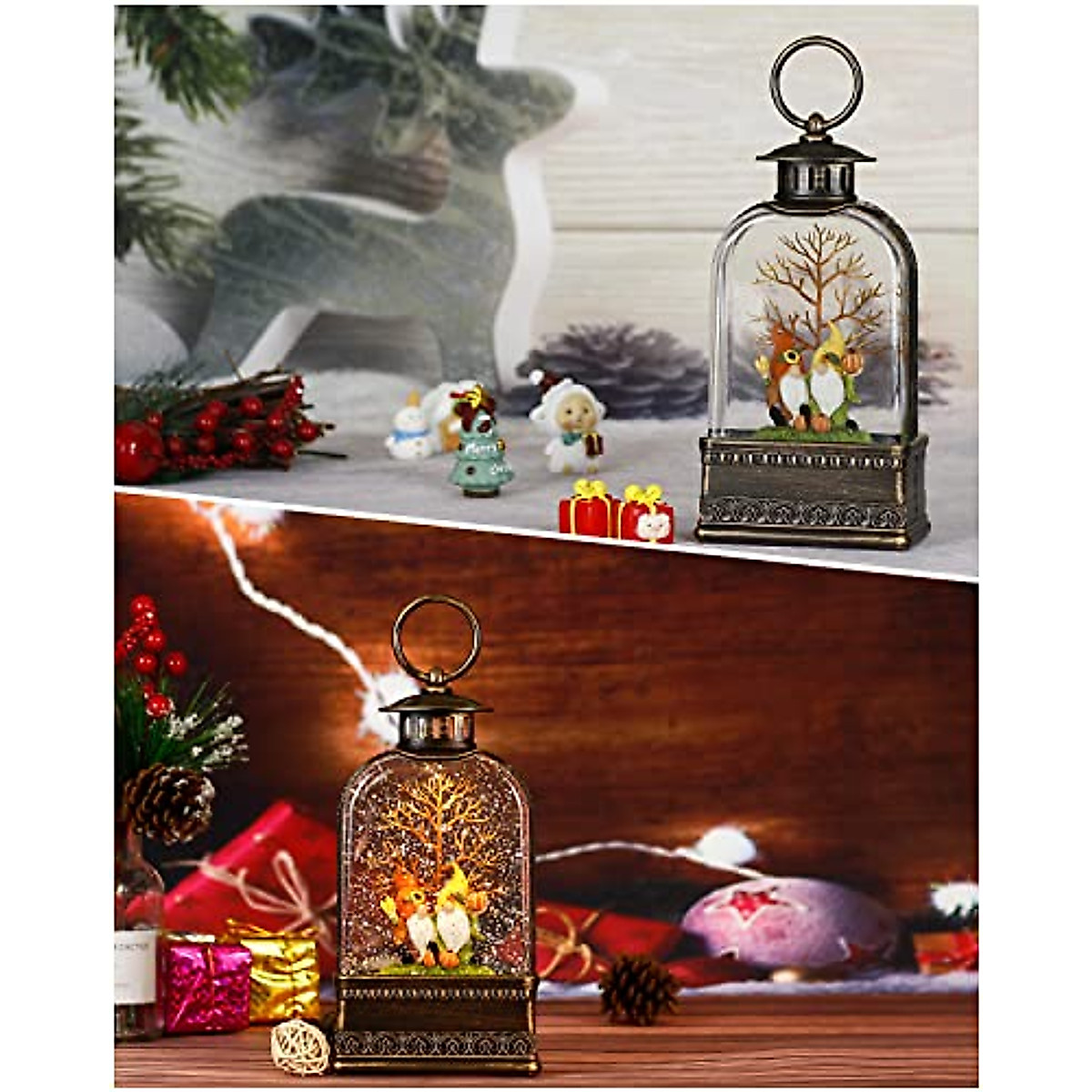 Gnomes Snow Globe, Fall Decoration, Thanksgiving Snow Globe Lantern, Christmas Snow Globe Musical Sparkly Swirling Snow, 3 Settings Batteries or USB Cable, Holiday Decoration (9.9Inch)