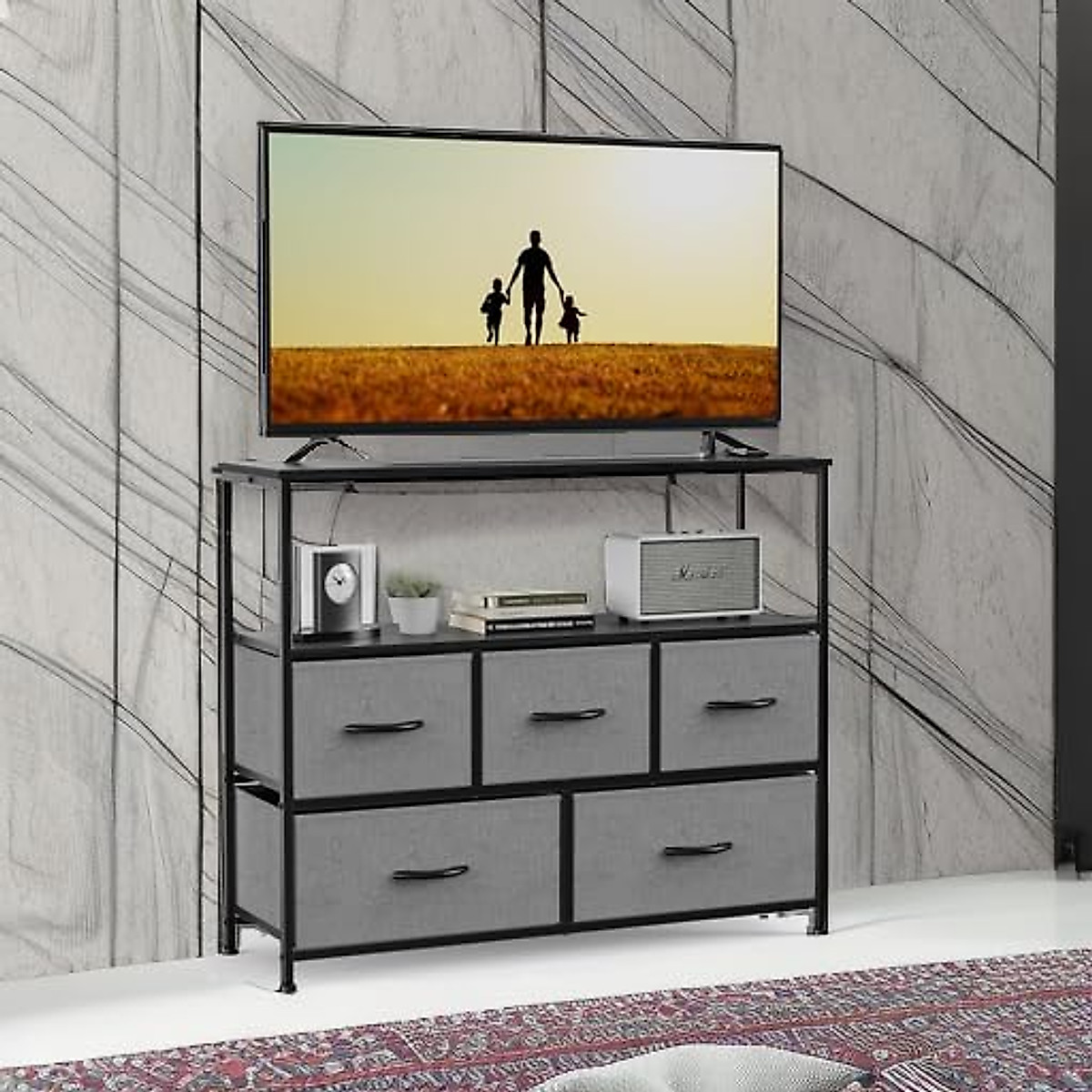 Sweetcrispy TV Stand for Bedroom, TV Dresser for 45 inches, Media Console Table, Entertainment Center with 5 Fabric Drawers Cabinet and Open Storage Shelf Furniture Cabinet for Living Room, Hallway