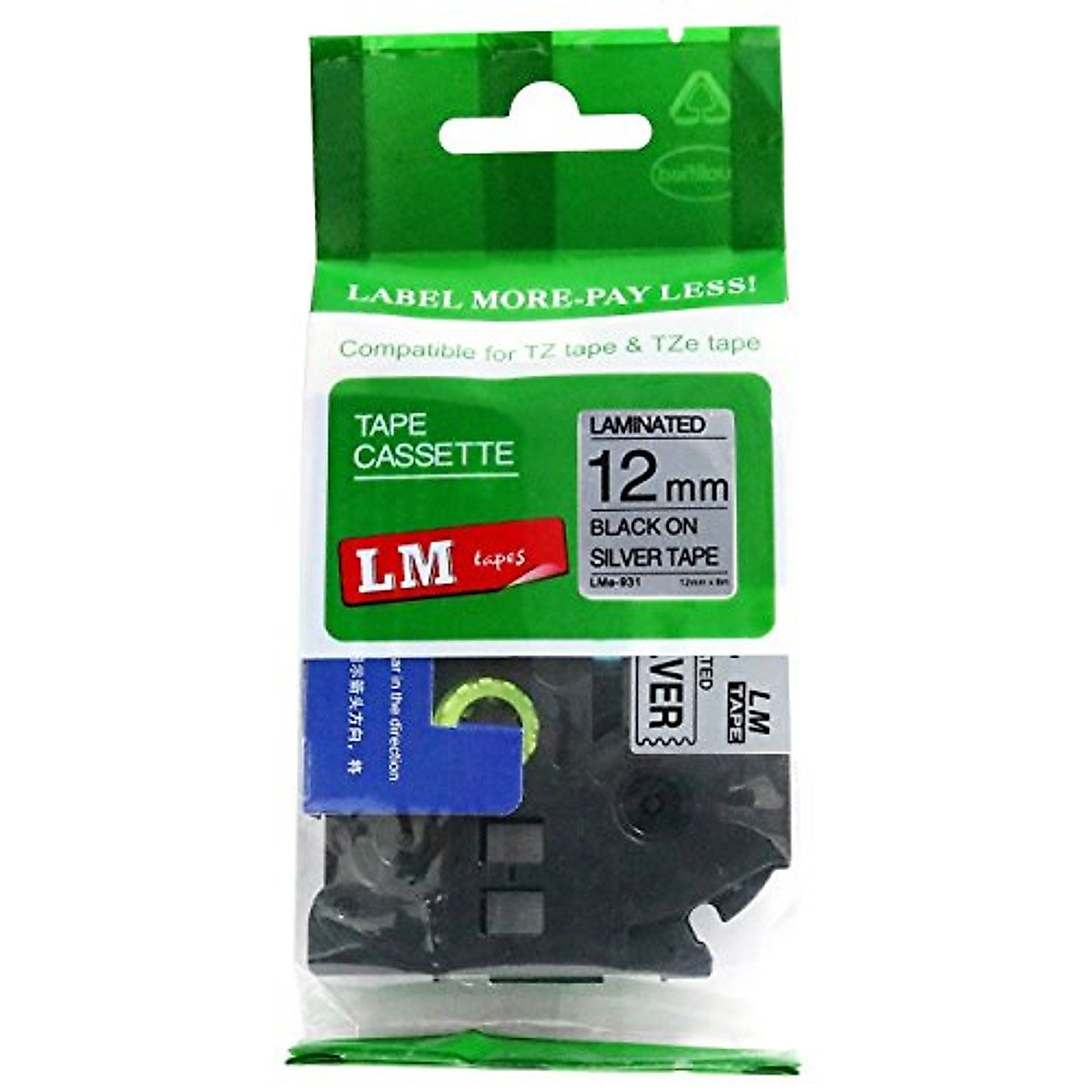 LM Tapes - Brother PT-D400 1/2" (12mm 0.47 Laminated) Black on Silver Compatible TZe P-touch Tape for Brother Model PTD400 Label Maker with FREE Tape Guide Included