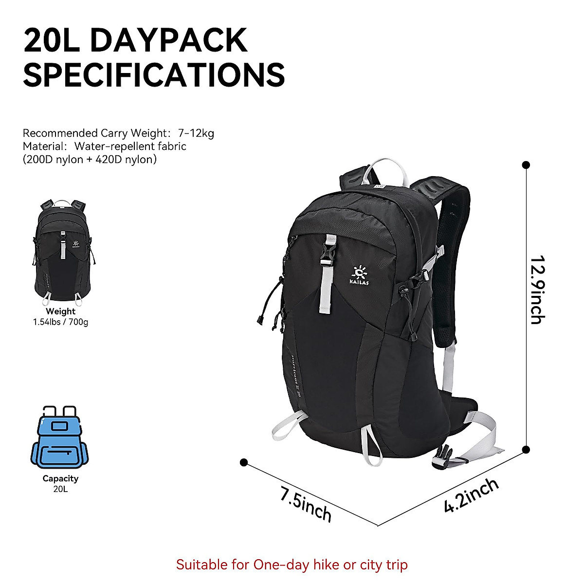 Kailas 20L Hiking Daypack Lightweight Backpack Waterproof Camping Backpack for Outdoor Sports