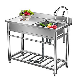 39.3'' Stainless Steel Utility Sink with Cold and Hot Water Pipes, Free Standing Sink with Workbench & Storage, Portable Laundry Sink for Indoor & Outdoor