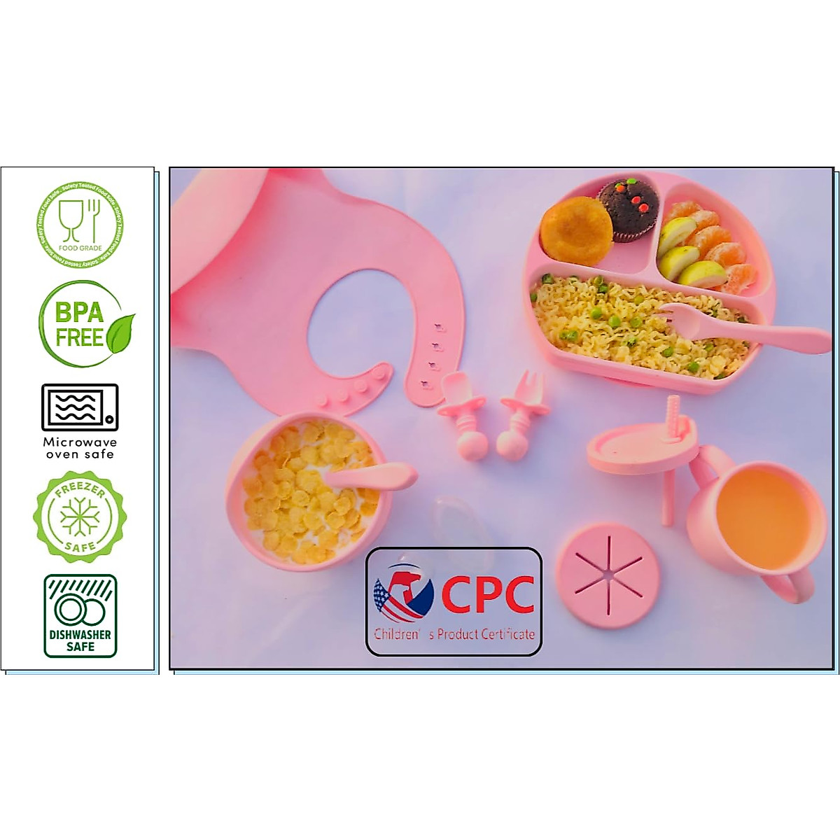 TinyTots Silicone Baby Feeding Set 13 pcs with BLW Recipes. Baby Plates and Bowls Set, Baby & Toddler Spoons Set, Sippy Cup & Lid, Silicone Bib, Baby Toothbrush (6+ Months)