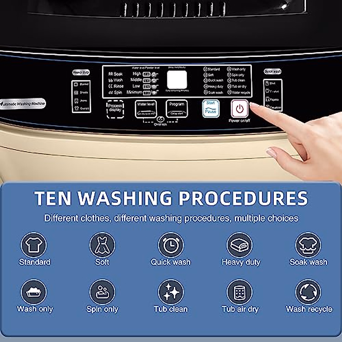 EUASOO 15.6lbs Full-Automatic Washing Machine, Portable Compact Laundry Washer with Drain Pump, 10 Programs 8 Water Levels with LED Display for RV, Camping, Apartment, Dorm, Dark-Gold