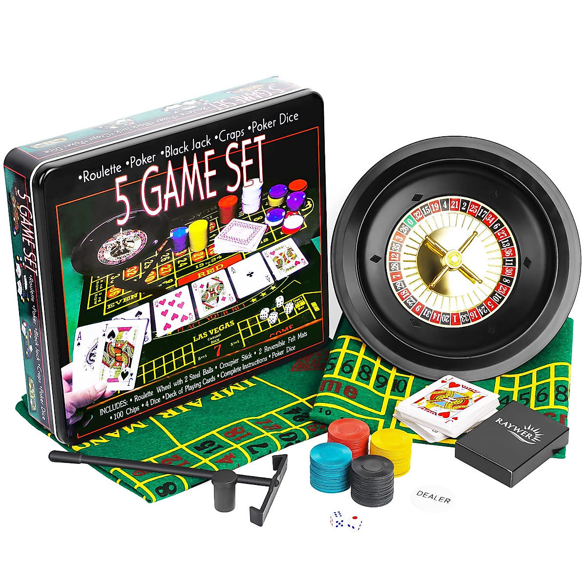 5 in 1 Casino Games Set Roulette,Poker, Black Jack, Craps, has Chips,Mats, Dices, Cards,