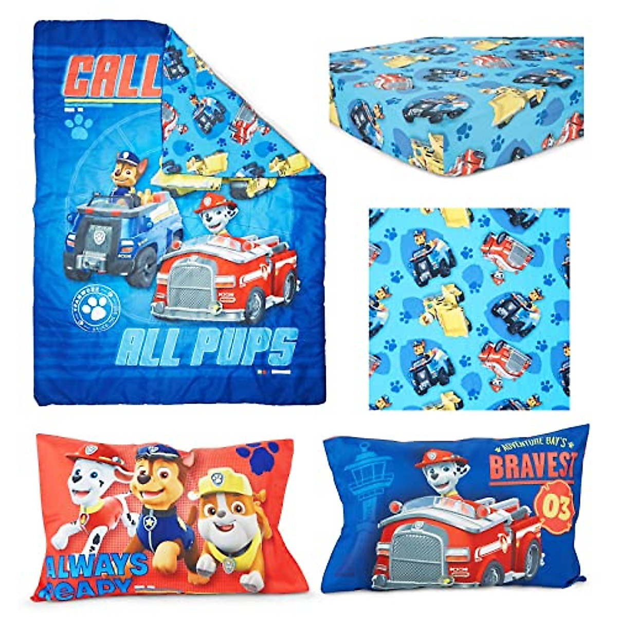 Paw Patrol Calling All Pups 4 Piece Toddler Bedding Set - Includes Quilted Comforter, Fitted Sheet, Top Sheet, and Pillow Case for Boys Bed, Blue