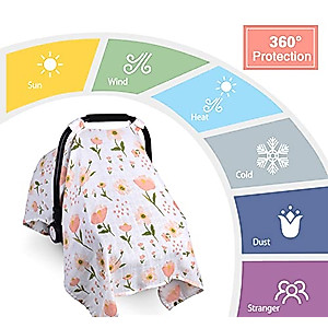 Muslin Carseat Cover for Babies, Metplus Breathable Infant Carseat Cover Lightweight Baby Carrier Cover for Girls Boys, Fit Spring Summer/Hot Days/Warm Weather, Pink Floral