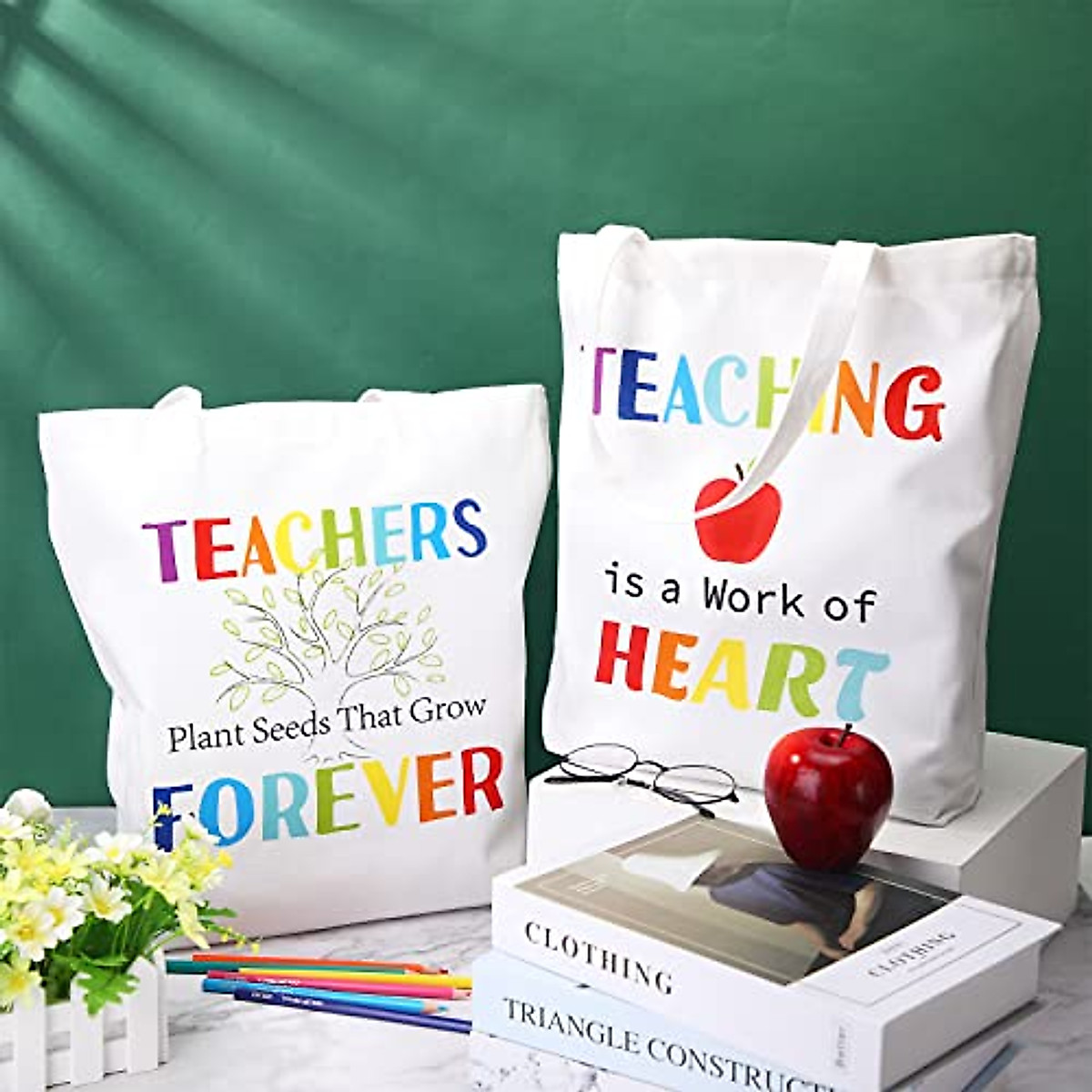Xuniea 6 Pcs Teacher Appreciation Gifts for Women Graduation Tote Canvas Shopping Bags with Pocket (Cute Style)