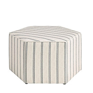 MARTHA STEWART Ellen Coffee Table - Solid Wood Frame, Soft Fabric, Large Accent Ottoman - Modern Foam Padded Top Footstool Cocktail Living Room Furniture Natural, 32" W x 32" D x 18" H, Grey Stripes