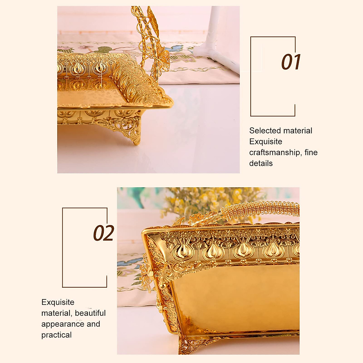 Food Serving Trays, Vintage Sturdy Zinc Alloy Elegant Tray with Handles for Home Bar Cafe