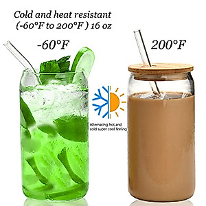 Volpeblu 6 Pack Glass Cups with Lids and Straws, 16 oz Iced Coffee Cup Glass Coffee Cups Drinking Glasses with Bamboo Lids & Glass Straw Beer Drinking Glasses Cute Tumbler for Cocktail, Soda, Water