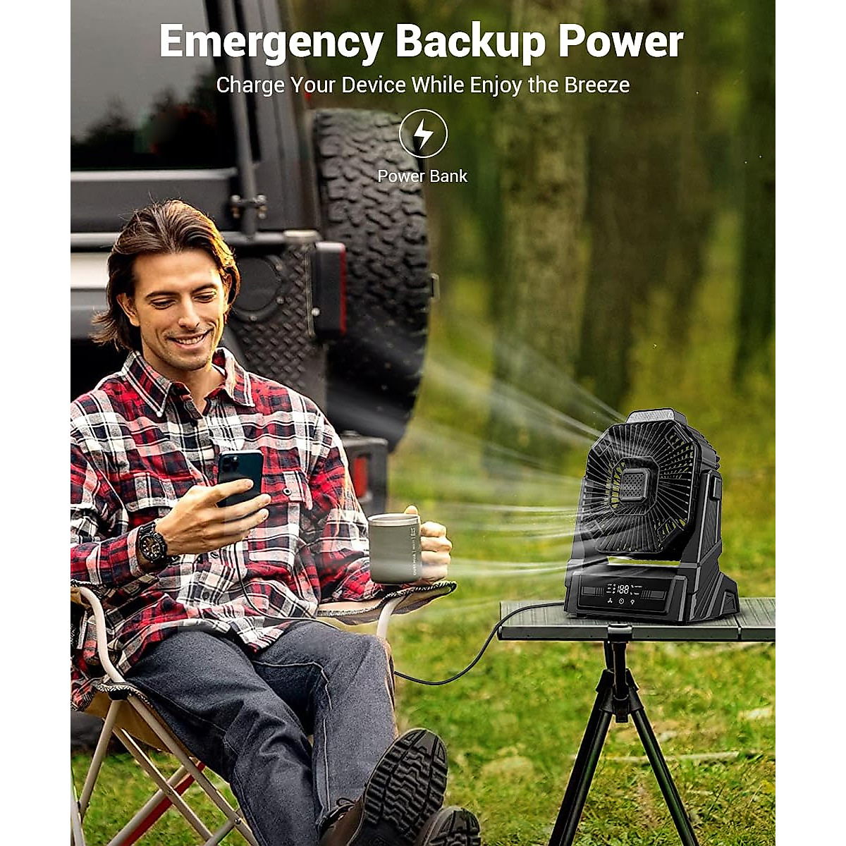 KopBeau Portable Camping Fan with Lights, 20000mAh Rechargeable Battery Operated Fan, Battery Powered Outdoor Beach Tent Fan with 3 Speeds & Hook, Personal USB Table Fan for Camping Accessories Black