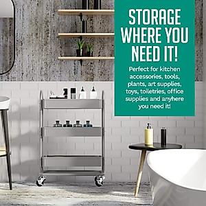 3-Tier Rolling Metal Storage Organizer - Mobile Utility Rolling Storage Cart, Kitchen Cart with Caster Wheels (Grey)