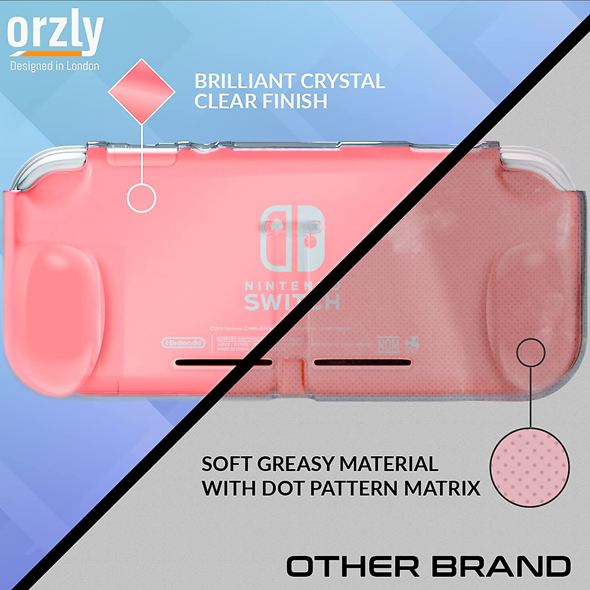 Orzly Protective Case for Switch lite, Clear Rugged Grip case with Kickstand Shock Absorption for Blue Turquoise Yellow Coral Grey - Hand Grip Transparent Edition with with Thumb Grips Included