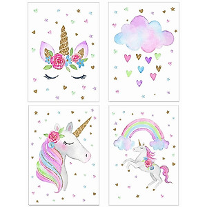 Kiddale Unicorn Wall Posters Water Color Rainbow Unicorn Canvas Wall Art Prints Painting for Girls Kids Bedroom Nursery Décor,Set of 4 Unframed