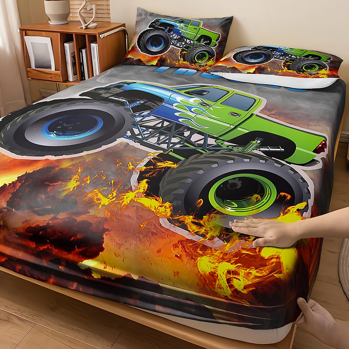 AILONEN Cartoon Green Trucks Fitted Sheet Set Twin Size, Monster Trucks Bedding Set for Kids Boys,Extreme Sports Trucks Bed Sheet Set,3 Pieces,1 Fitted Sheet and 2 Pillowcases