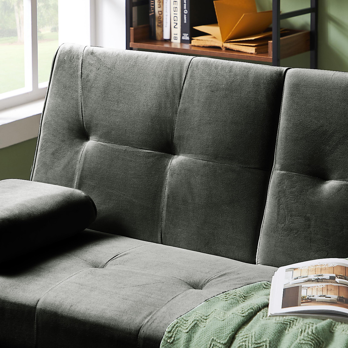 MWrouqfur 66" Modern Linen Fabric Sofa Bed Futon,Convertible Folding Sleeper Couch Bed with Cup Holders w/Removable Armrest,Loveseat Recliner Sofa for Living Room Apartment Office (Grey)