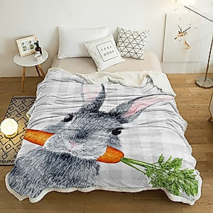 Sherpa Blankets Fleece Throw Blanket Reversible Soft Cozy Bed Blankets Easter Watercolor Bunny with Carrot,Flannel Sofa Throws,Grey and White Buffalo Plaid Fuzzy Warm Blankets for Couch,50x80in