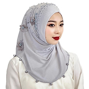 Woeoe Pearl Muslim Hijab Cap Plain Color Pre-Tied Flower Hijab Lightweight Muslim Head Wrap for Women and Girls