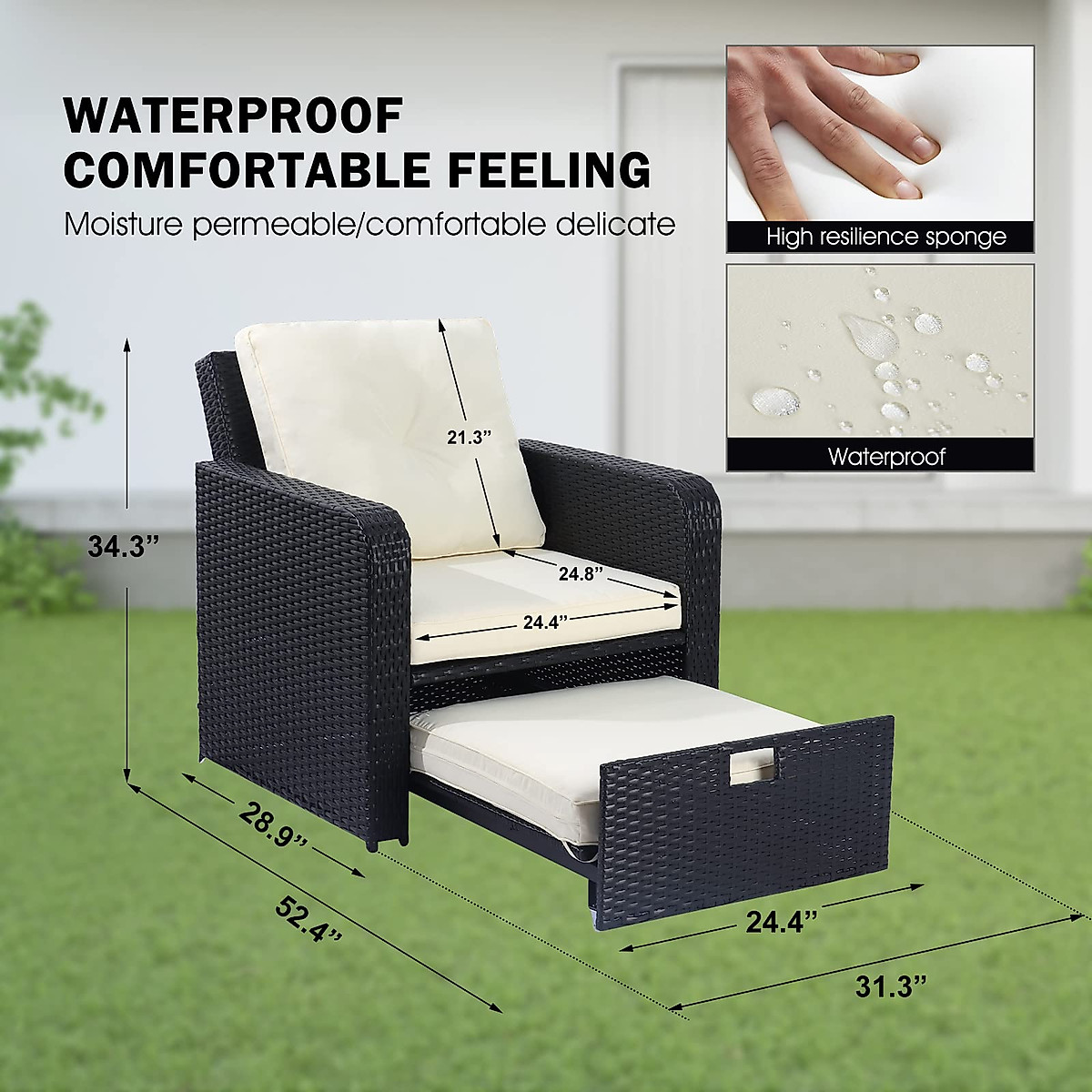 Wicker Outdoor Patio Sofa Chair: Rattan Convertible Patio Furniture Sets with Waterproof Thick Cushion Outdoor Furniture Set Comfortable Easy Assemble Patio Chairs for Outdoor Backyard