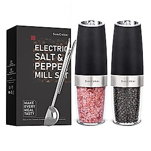SimCoker Gravity Electric Salt and Pepper Grinder Set, Automatic Salt and Pepper Grinder Set Battery Operated, Adjustable Coarseness with LED Light, One Hand Automatic Operation, Spoon, Black, 2 Pack