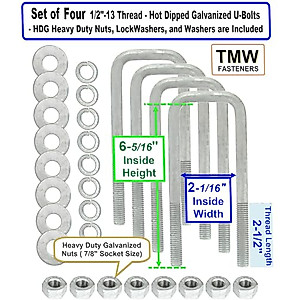(4) HDG Hot Dipped Galvanized Square U-Bolt Boat Trailer U Bolt Ubolt 1/2" D x 2 1/16" W x 6 5/16" L