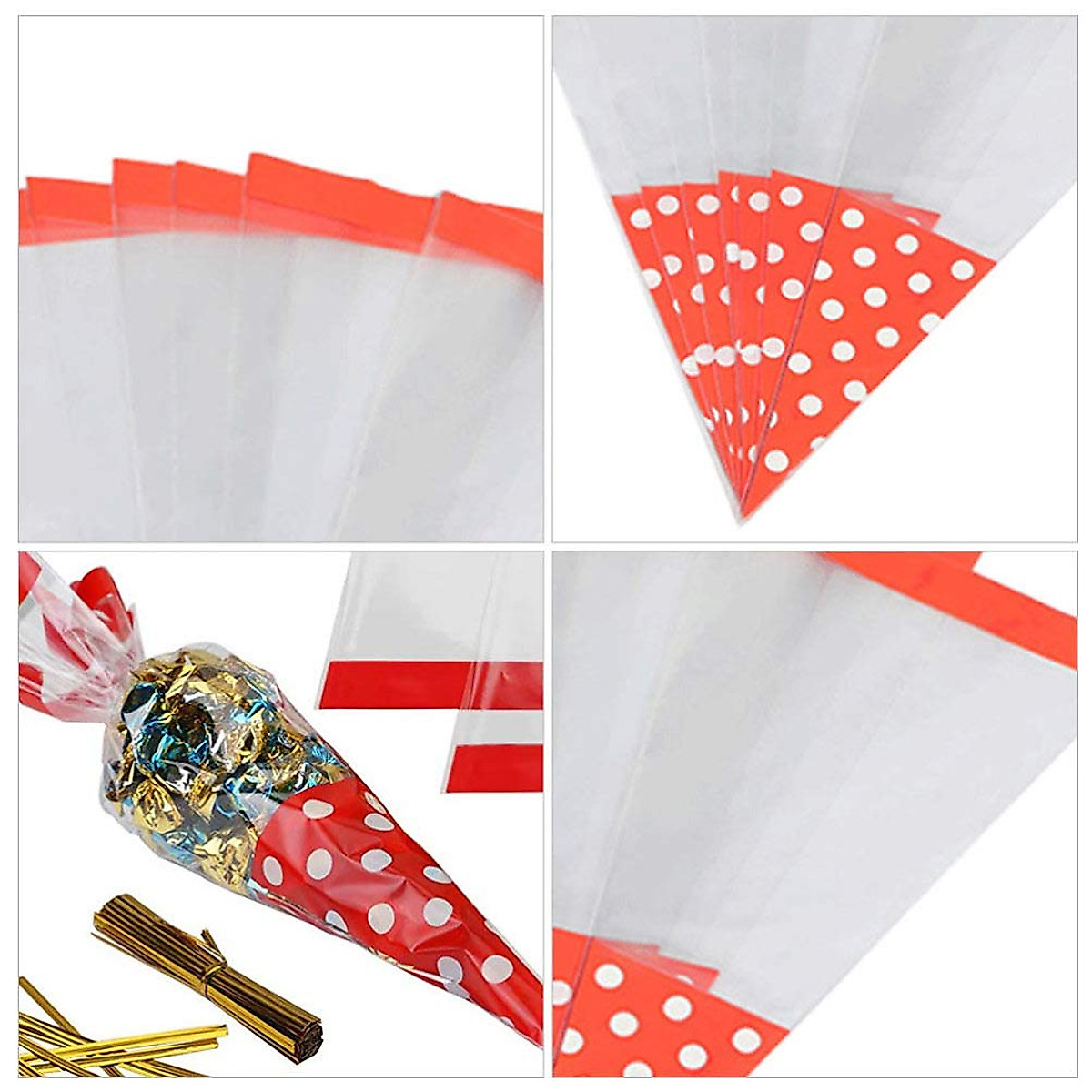 FARUTA 100pcs Clear Cello Treat Bags Cone Shaped Polka Dot Popcorn Bags Triangle Treat Bags OPP Plastic Bags for Gift Wrapping Bakery Cookie Dessert Packaging Red