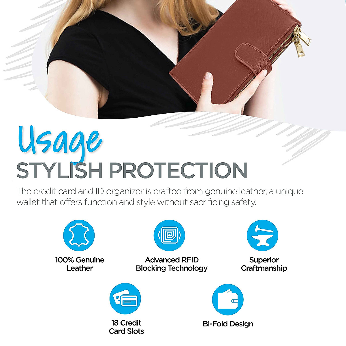 Maze Exclusive RFID Blocking Wallet for Women | Attractive Design with Genuine Leather, Zipper Pocket, Bifold Feature | Hold and Protect Your Cards Everywhere You Go (Brown)