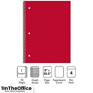1InTheOffice Graph Composition Book, Wirebound, 8" x 10.5" Graph Paper Notebook, Assorted Colors Quad Ruled Spiral Notebook , 70/Sheets 4 Pack
