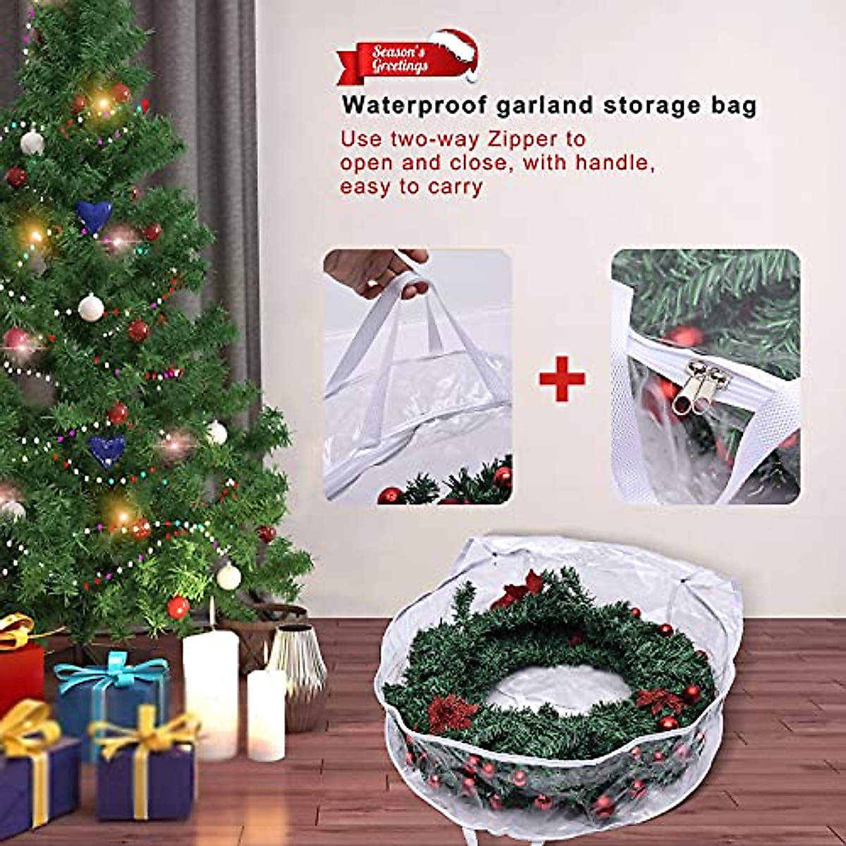 WDDH 2 Pack Wreath Storage Bag 30in | Clear Everyday Bag, Stores Two 30Inch Wreaths, Garland Holiday Container with Clear Window, Reinforced Handles and Dual Zipper, 30x8inch(White)