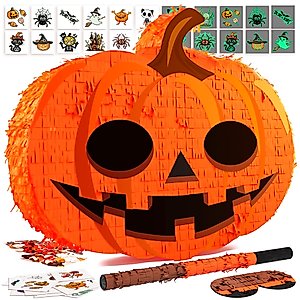 MUWOOB Halloween Pumpkin Pinata, Halloween Piñata with 100 pcs Halloween Tattoos Kids, Stick Blindfold and Confetti, Halloween Birthday Pinata Party Games Decorations for Kids Adults (Pumpkin)