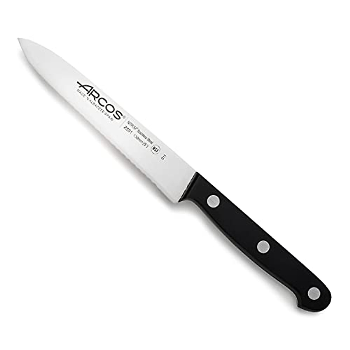 ARCOS Paring Knife 5 Inch Stainless Steel. Serrated Tomato Knife for Cutting and Chopping. Ergonomic Polyoxymethylene Handle and 130mm Blade. Series Universal. Color Black
