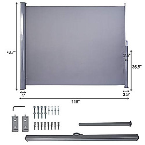 LUCKYERMORE 118”L x 78.7" H Folding Retractable Side Awning Wall, Cut View and Add a Private Space, Waterproof, UV-Resistant Sun Shade Wind Screen Easy-Assembled, Pole Post Mounted, Gray