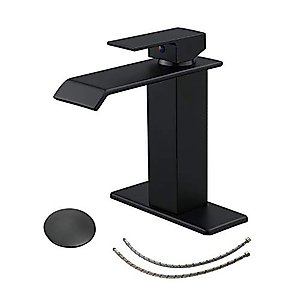 BWE Black Bathroom Faucet Modern Waterfall Matte Black Bathroom Sink Faucet Single Hole with Pop Up Drain Parts Spout Bath Lavatory Vanity Stopper Overflow and Supply Hose Single Handle