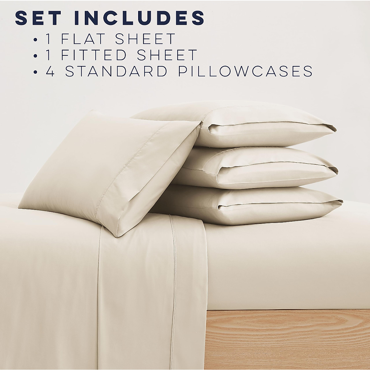 Casual Living Full Sheets Set 6 Piece Cooling Bed Sheets with 4 Envelope Pillowcases Soft Microfiber Deep Pocket Hypoallergenic Machine Washable Bedding Set for Guest or Master Bedroom, Full, Beige