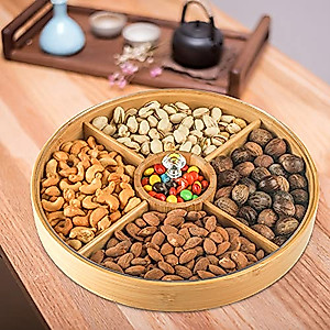 Hedume Bamboo Nuts Storage Platter Tray, Food Serving Tray with 5 Dining Grids, 12 Inches Dessert Fruit Veggie Food Serve Plate Tray for Party, Family Dinner, Holiday and Home Warming