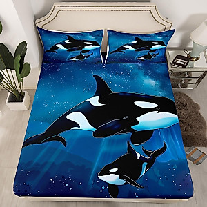 Erosebridal Killer Whale Bed Sheets for Kids Ocean Animal Full Size Sheet Sets, Psychedelic Galaxy Sheets Starry Sky Bedding Sheets & Pillowcases, Black and White Fish Flat Sheet Navy Sea Theme Decor