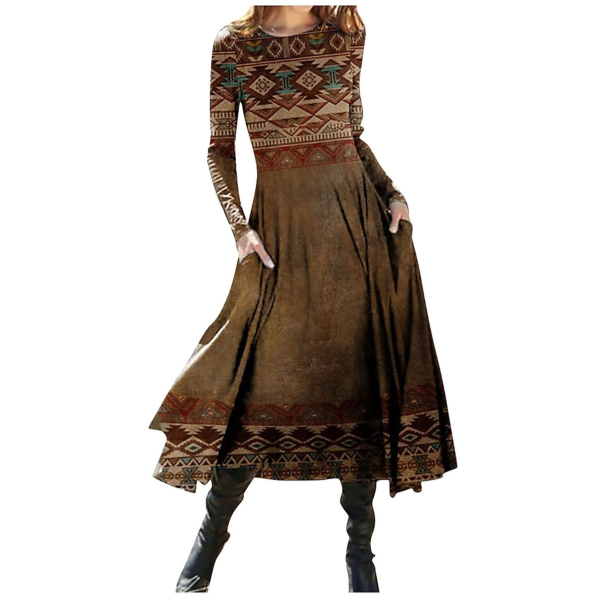 FIRERO Holiday Dresses for Women, Empire Waist Classy Winter Dress for Womens Long Sleeve Office Crewneck Cotton Evening Dresses Loose Fit Print Pocket Comfortable