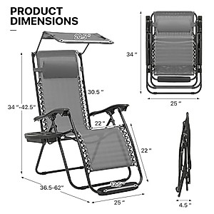 MoNiBloom Zero Gravity Chairs Set of 2, Patio Anti Gravity Recliner with Canopy Shade, Foldable Outdoor Lounger with Cup Holder Tray, Headrest and Footrest for Beach Camping, Grey