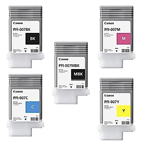 Canon 90ml Dye Ink Tank Bundle for imagePROGRAF iPF670E Printer, Consists of PFI007BK Black, PFI007C Cyan, PFI007M Magenta, PFI007MBK Matte Black, PFI-007Y Yellow