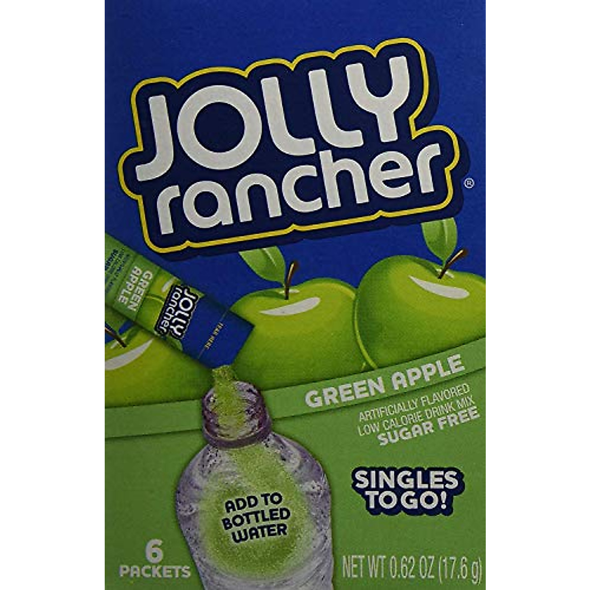 1 (6-ct.) Box JOLLY RANCHER ~ GREEN APPLE Singles to Go! Sugar Free Drink Mix.