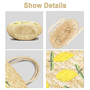 QTKJ Summer Straw Bag, Beach Bag for Women, Handwoven Handbag Vintage Lemon Pattern Embroidery, Large Rattan Tote Bag Suitable for Vacation Seaside Travel