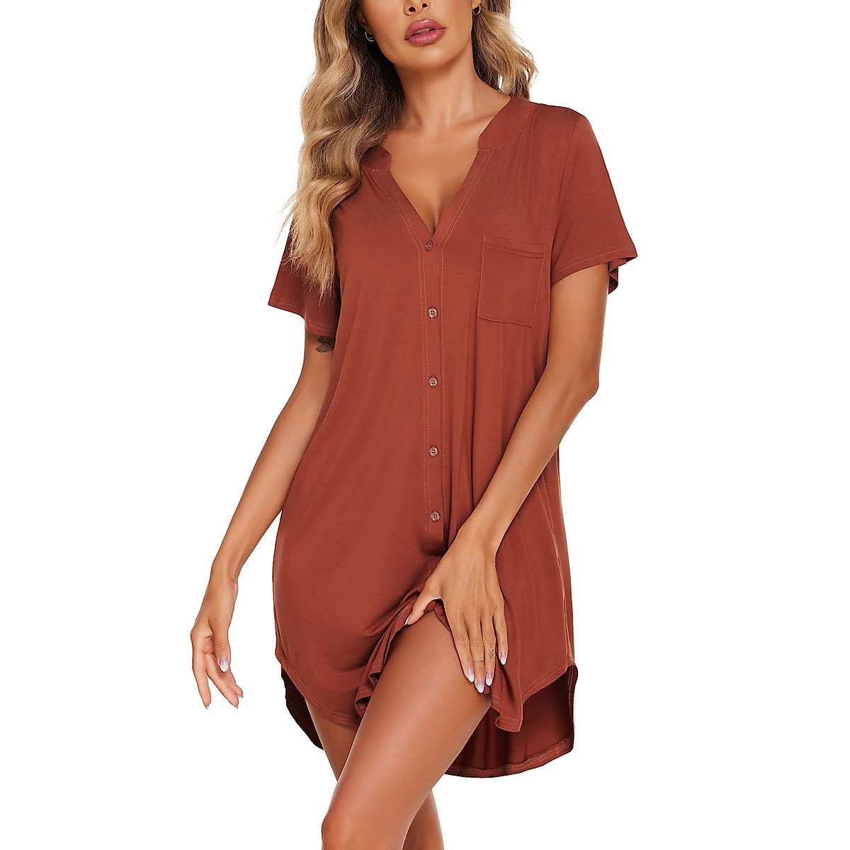 Ekouaer Short Sleeve Nightgown Button Sleep Dress for Women Sleepwear with Split Hem Wedding Pajama Party Dress Brick Red