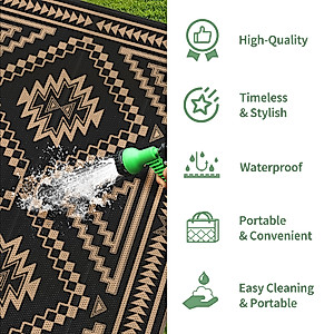 GENIMO Outdoor Rug for Patio Clearance, 5' x 8' Waterproof Plastic Straw Mat, Reversible Camping Carpet, Large Area Rugs Mats for Rv, Backyard, Deck, Porch, Picnic, Beach, Balcony, Black & Brown