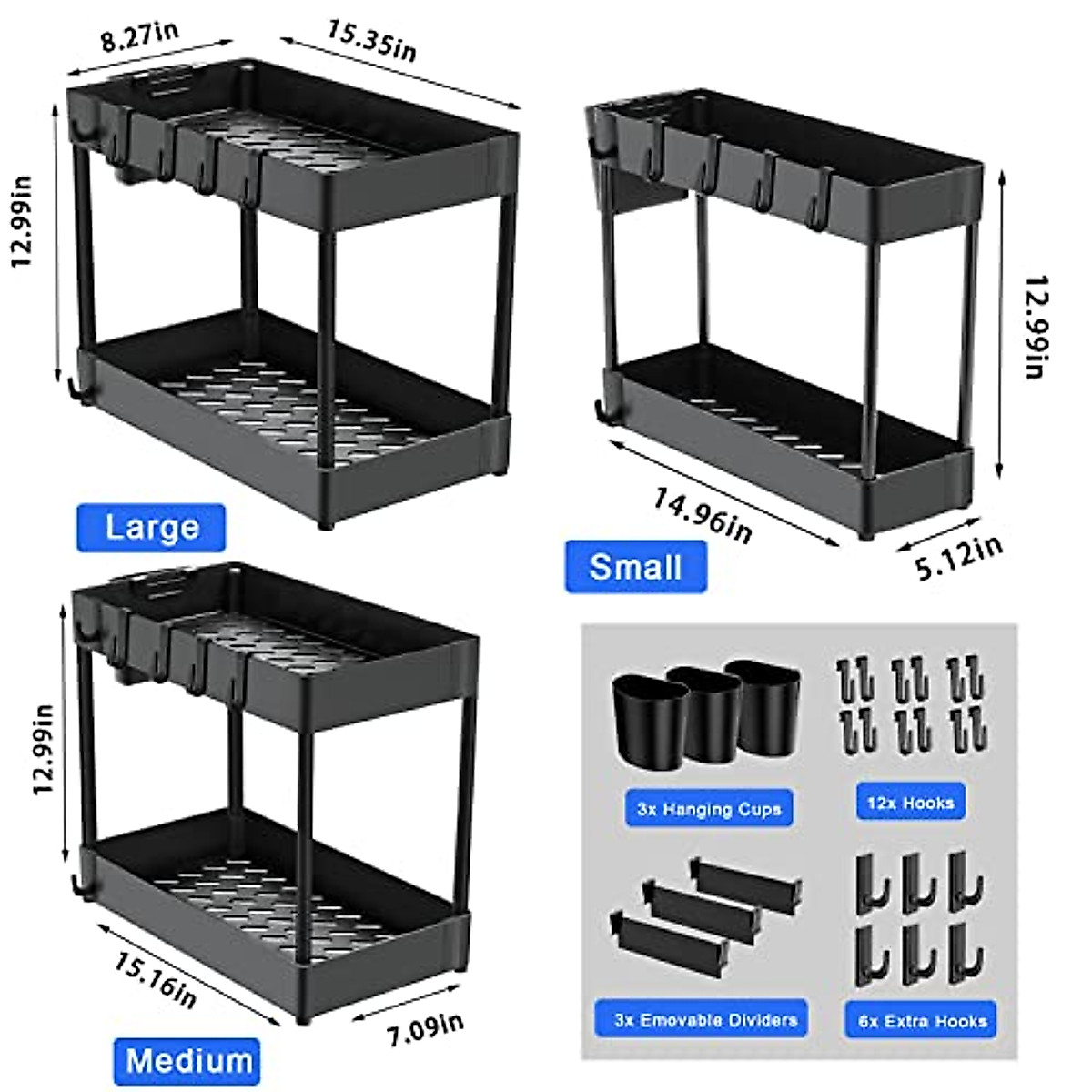 Under Sink Organizer and Storage, 3 Pack 2 Tier Cabinet Basket Shelf Organizer Drawer, Multi-Purpose Under Kitchen Bathroom Organization Storage Rack with Hooks, Hanging Cup, Dividers, Black