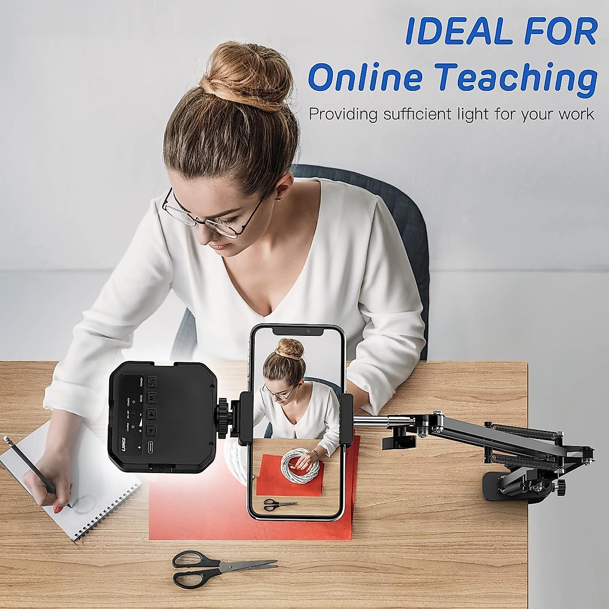 Overhead Phone Mount, Articulating Arm Cell Phone Holder with LED Light, Flexible Phone Stand for Live Streaming, Video Recording, Painting Lighting, Cooking