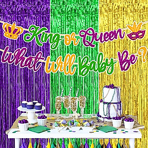 Mardi Gras Gender Reveal Decorations King Or Queen What Will Baby Be Banner Foil Curtains Backdrop Carnival Fleur De Lis Shrove Fat Tuesday New Orleans Masquerade Theme Baby Shower Party Supplies