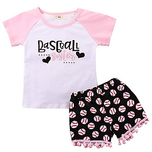 Toddler Baby Girl Summer Outfits Baseball Sister Print T-Shirts Tops + Tassel Shorts Two Piece Clothes Set