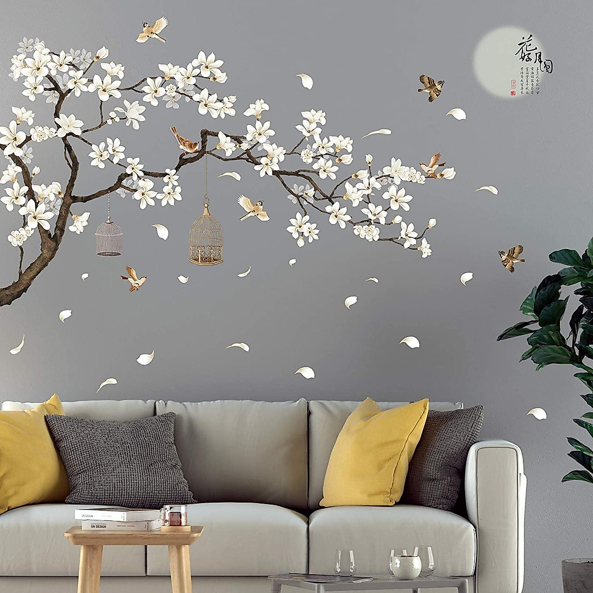 Bienstylife Peach Flower Wall Decals Tree Wall Stickers Peel and Stick Flower Wall Stickers Floral Murals for Living Room TV Background Kids Girls Room Bedroom 4 Sheets of 11.8"x35.4"